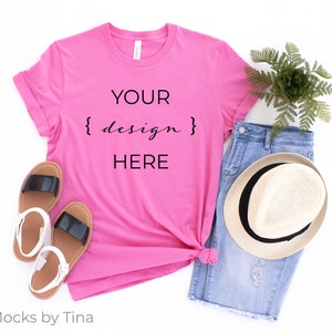 Heather Charity Pink T-shirt Mockup Bella Canvas 3001 T-shirt Flat Lay ...