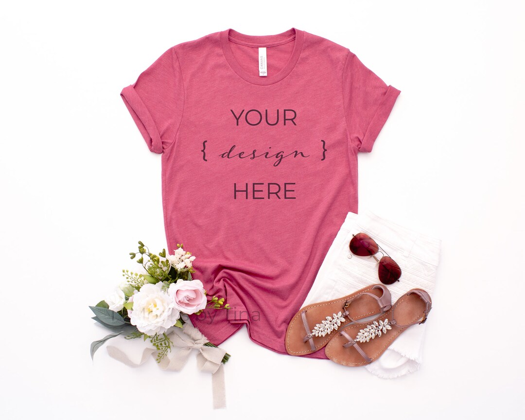 Heather Raspberry T-shirt Mockup | Bella Canvas 3001 Feminine Style Tee ...
