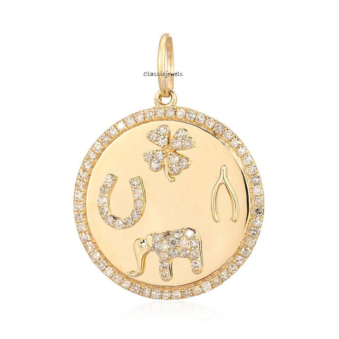 14k Solid Gold Diamond Lucky Symbol Charm Pendant, Designer 14k Solid ...