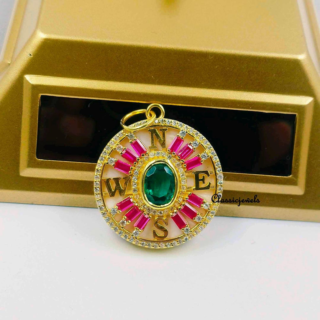 14K Gold Diamond & Pearl Compass Pendant: Emerald North Star Charm - Etsy