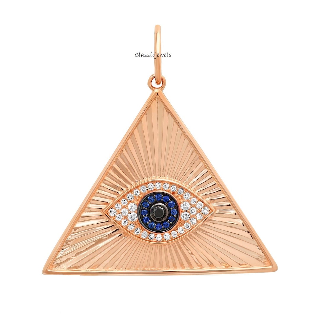 14K Solid Gold Charm, Triangle Evil Eye Pendant With Diamonds, Triangle ...