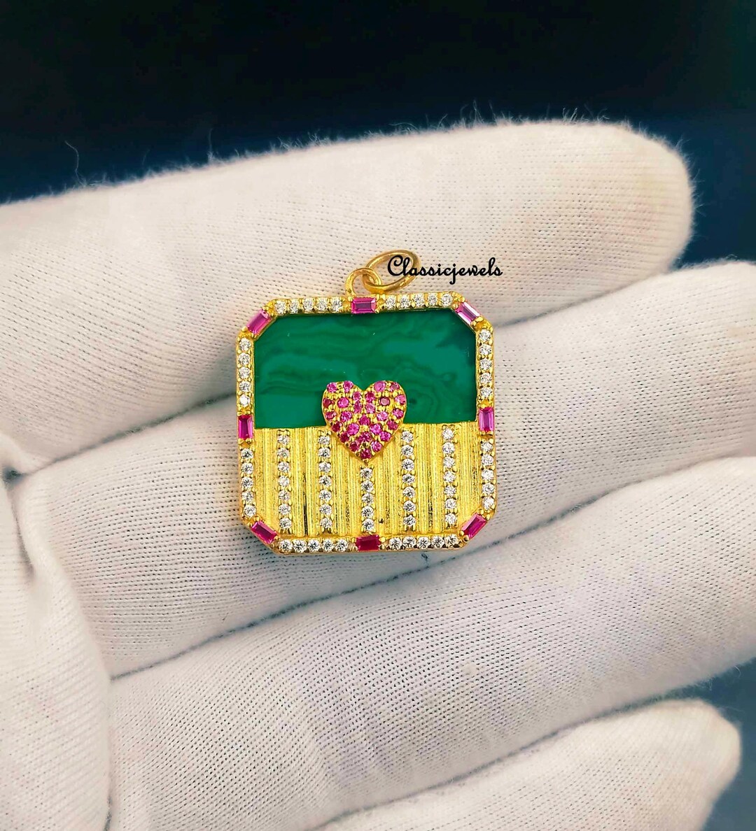 14K Gold Malachite Heart Pendant, Ruby Diamond Cushion Charm - Etsy