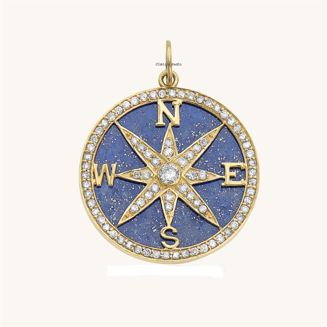 14K Solid Yellow Gold Gemstone Compass Charm, Lapis Lazuli, Malachite ...