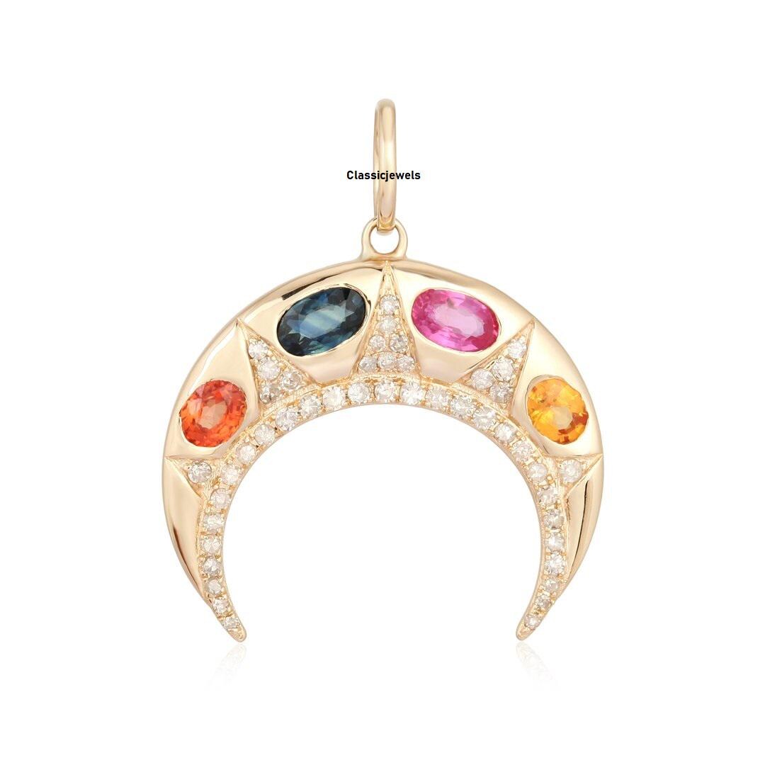 14K Yellow Gold Diamond Half Moon Charm, Multi Sapphire Pendant - Etsy