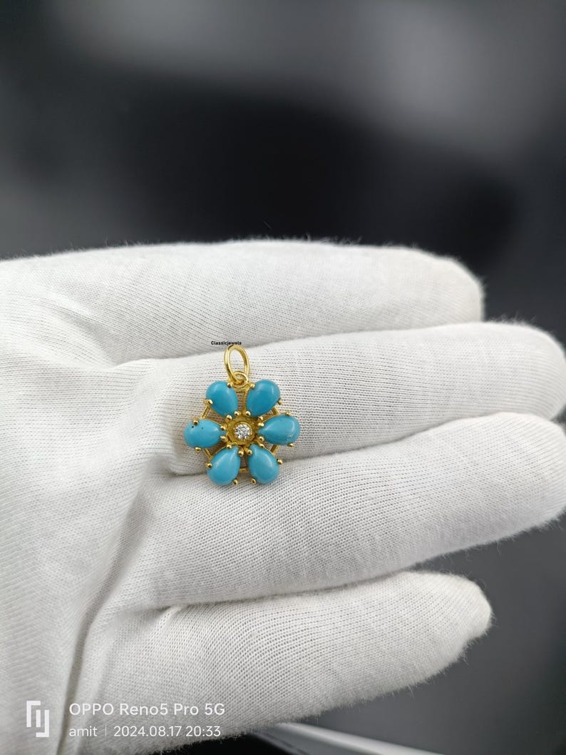 Handmade Turquoise Diamond Flower Pendant, Sterling Silver Charm - Etsy