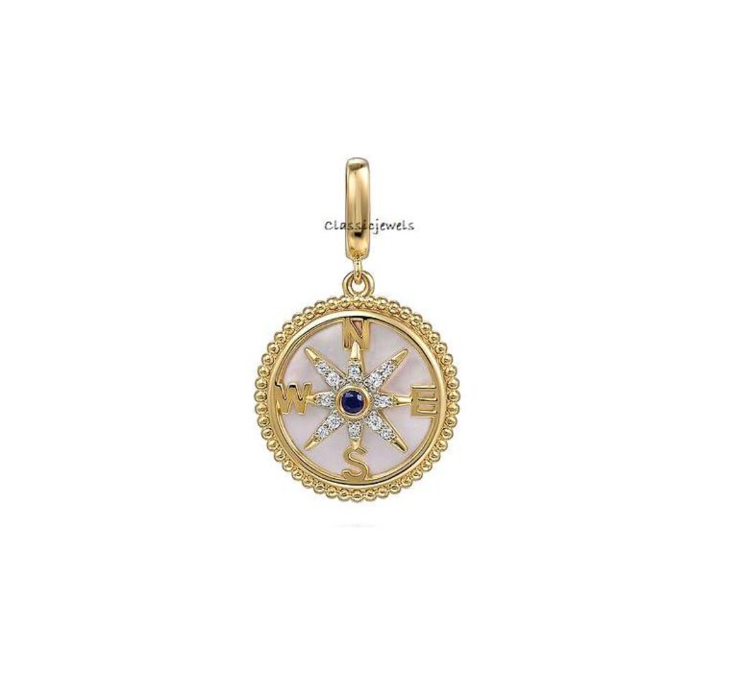 14k Solid Gold Compass Charm Pendant, Designer 14k Yellow Gold Diamond ...