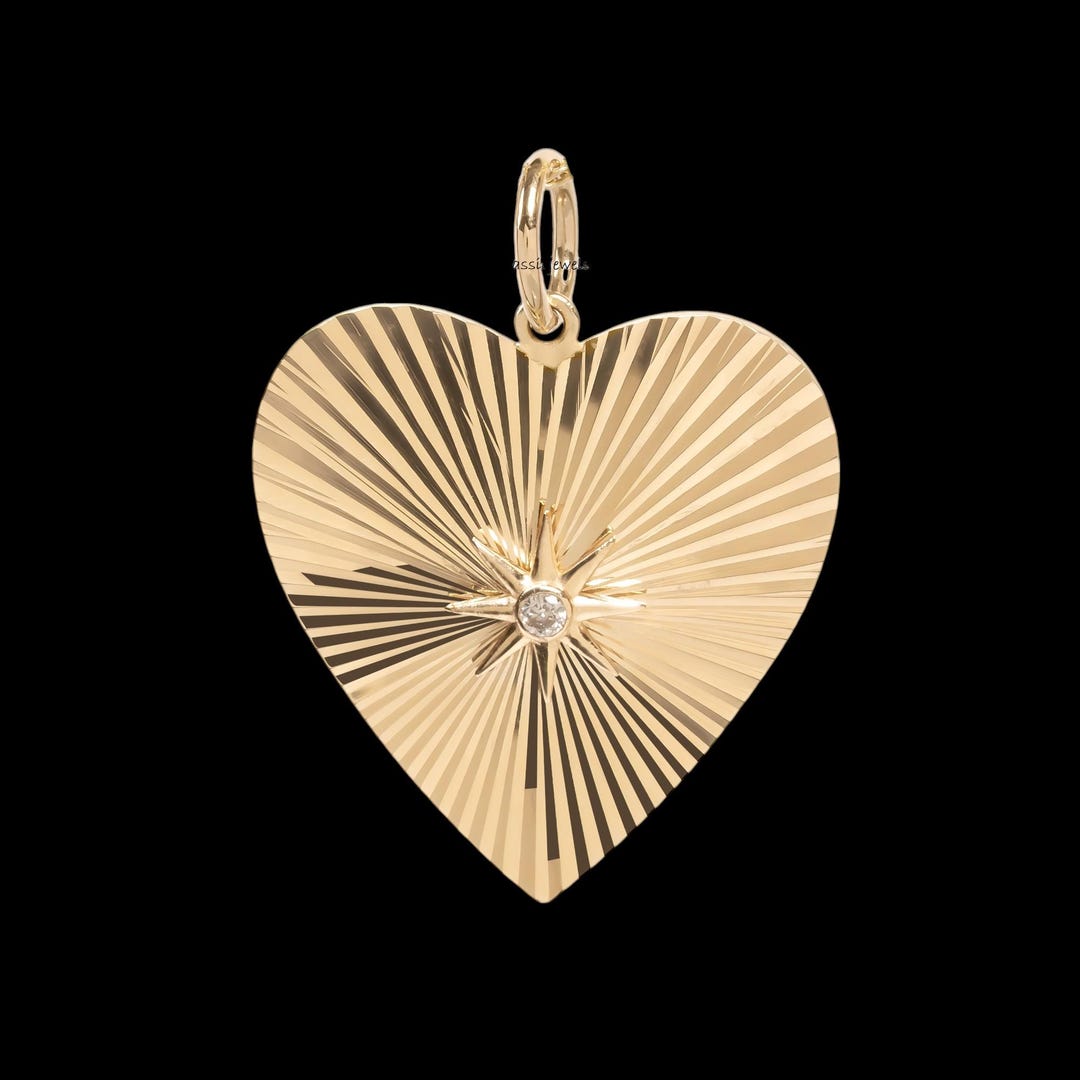 14k Yellow Gold Diamond Star Heart Pendant: Fluted Charm - Etsy