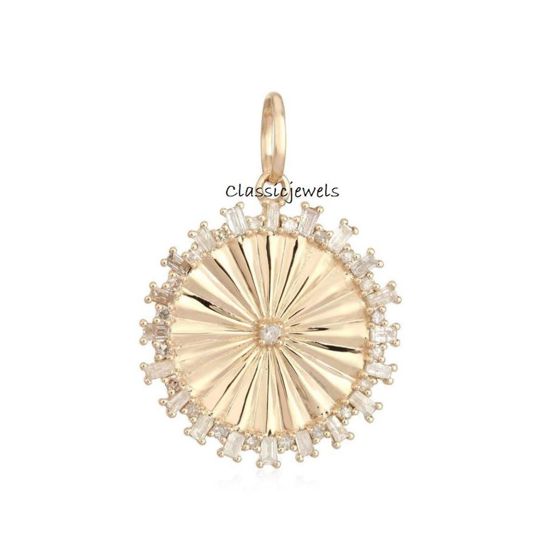 14k Yellow Gold Fluted Disc Diamond Pendant, Handmade - Etsy