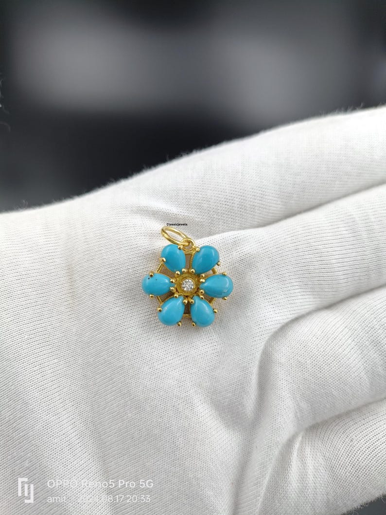 Handmade Turquoise Diamond Flower Pendant, Sterling Silver Charm - Etsy