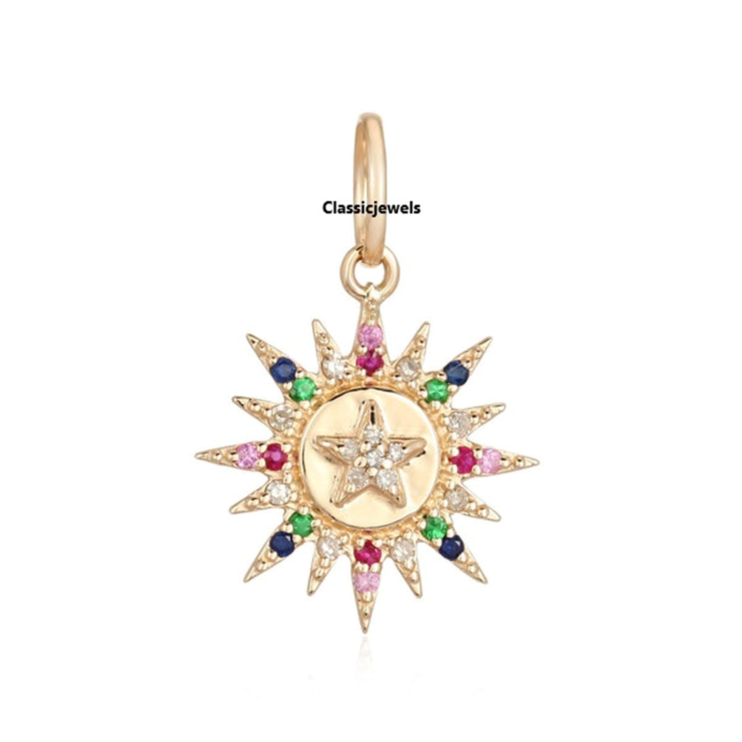 14k Solid Gold Sun Star Diamond Pendant, Beautiful Sun Star 14k Yellow ...