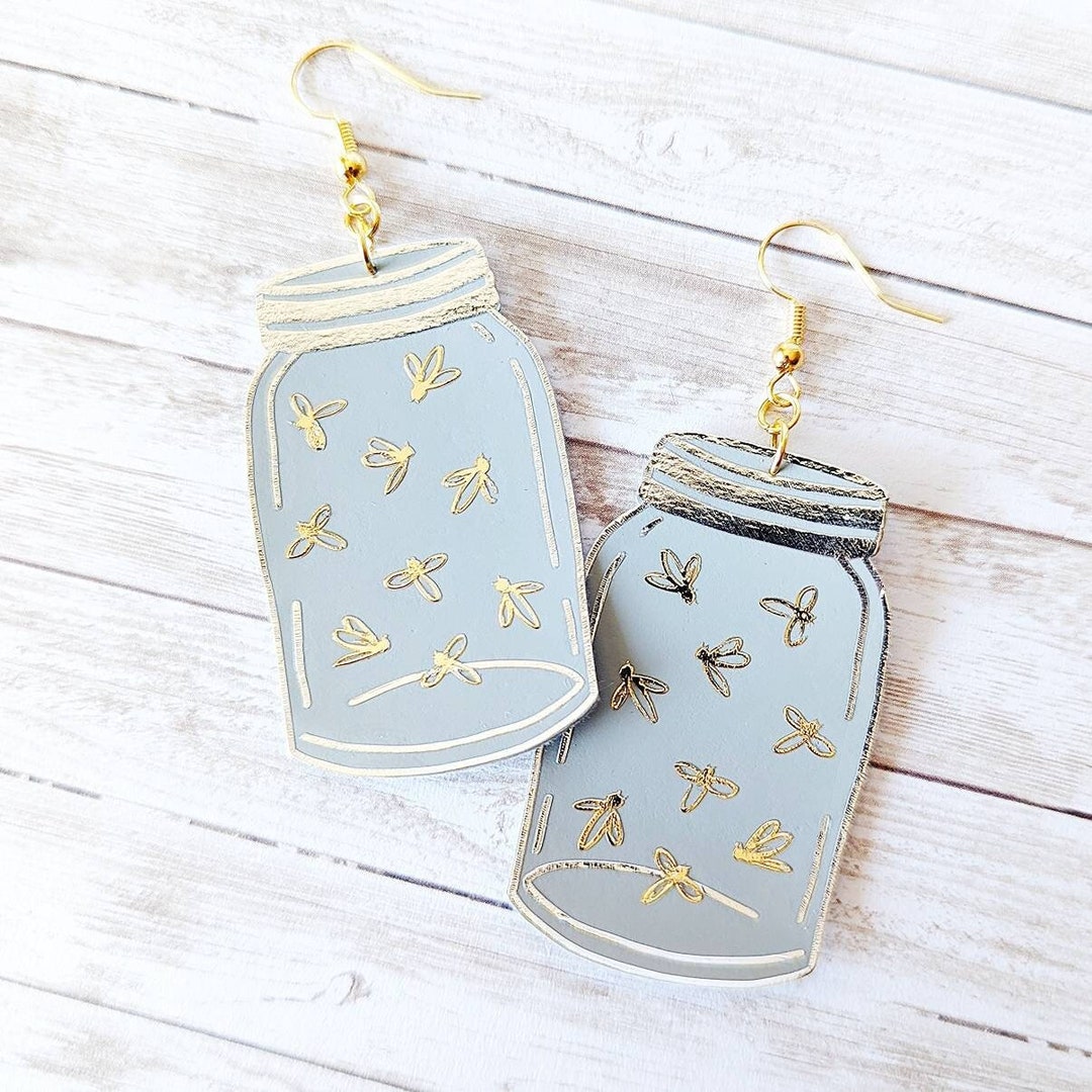 Firefly Mason Jar Faux Leather Earring, Catching Fireflies, Golden ...