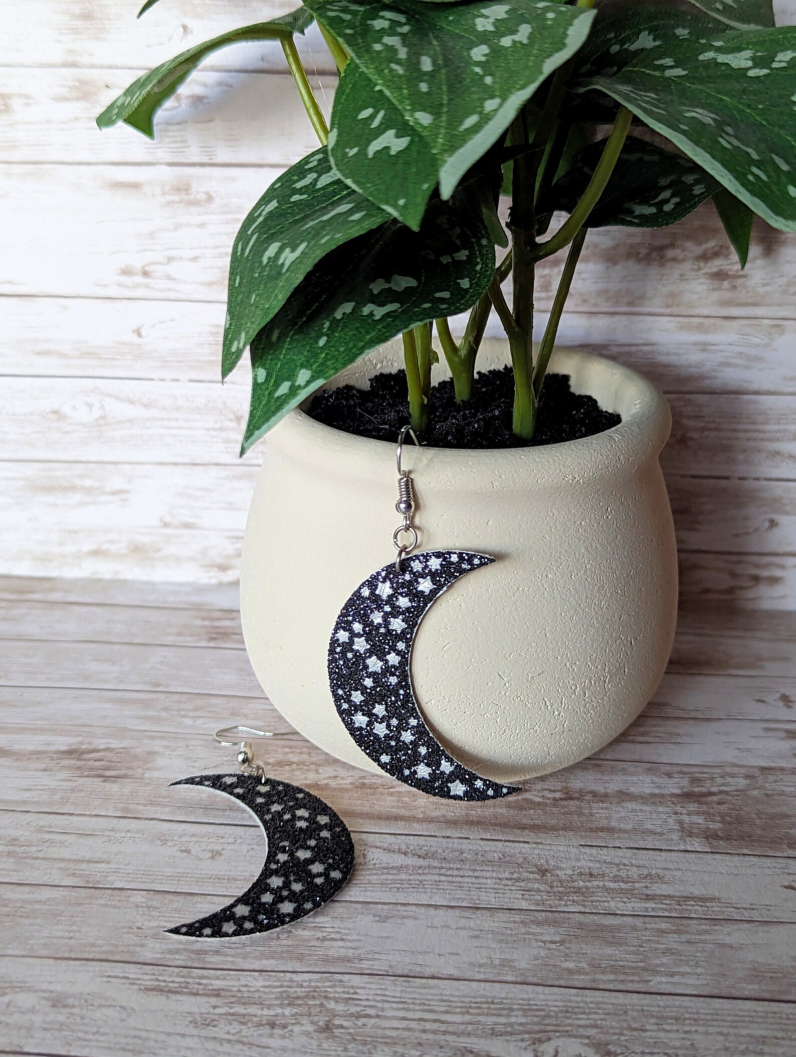 Faux Leather Sparkly Crescent Moon Earrings, Moon and Stars, Celestial ...
