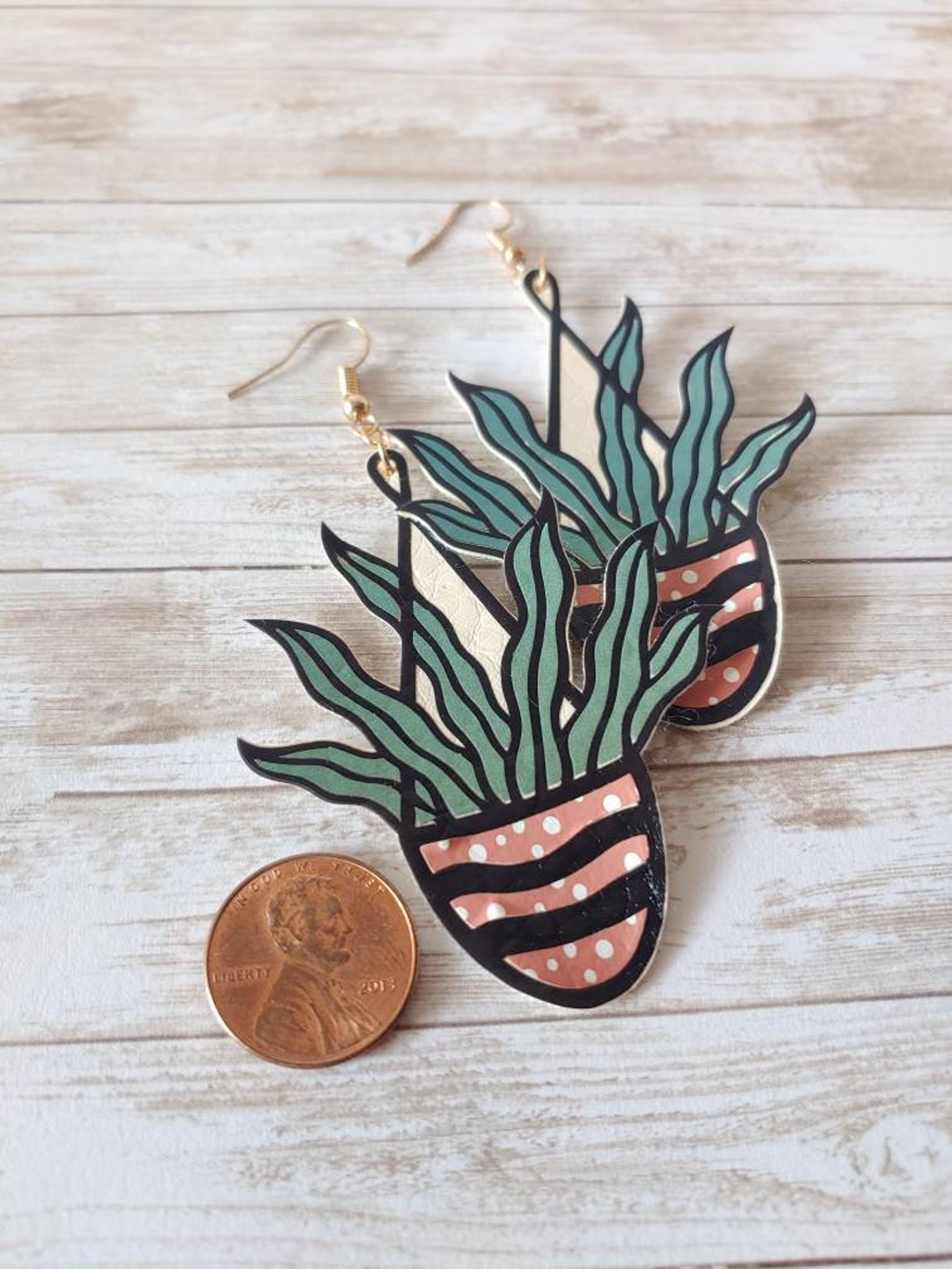 Hanging Plant Faux Leather Earrings, Succulent, Potted Plant Lover ...