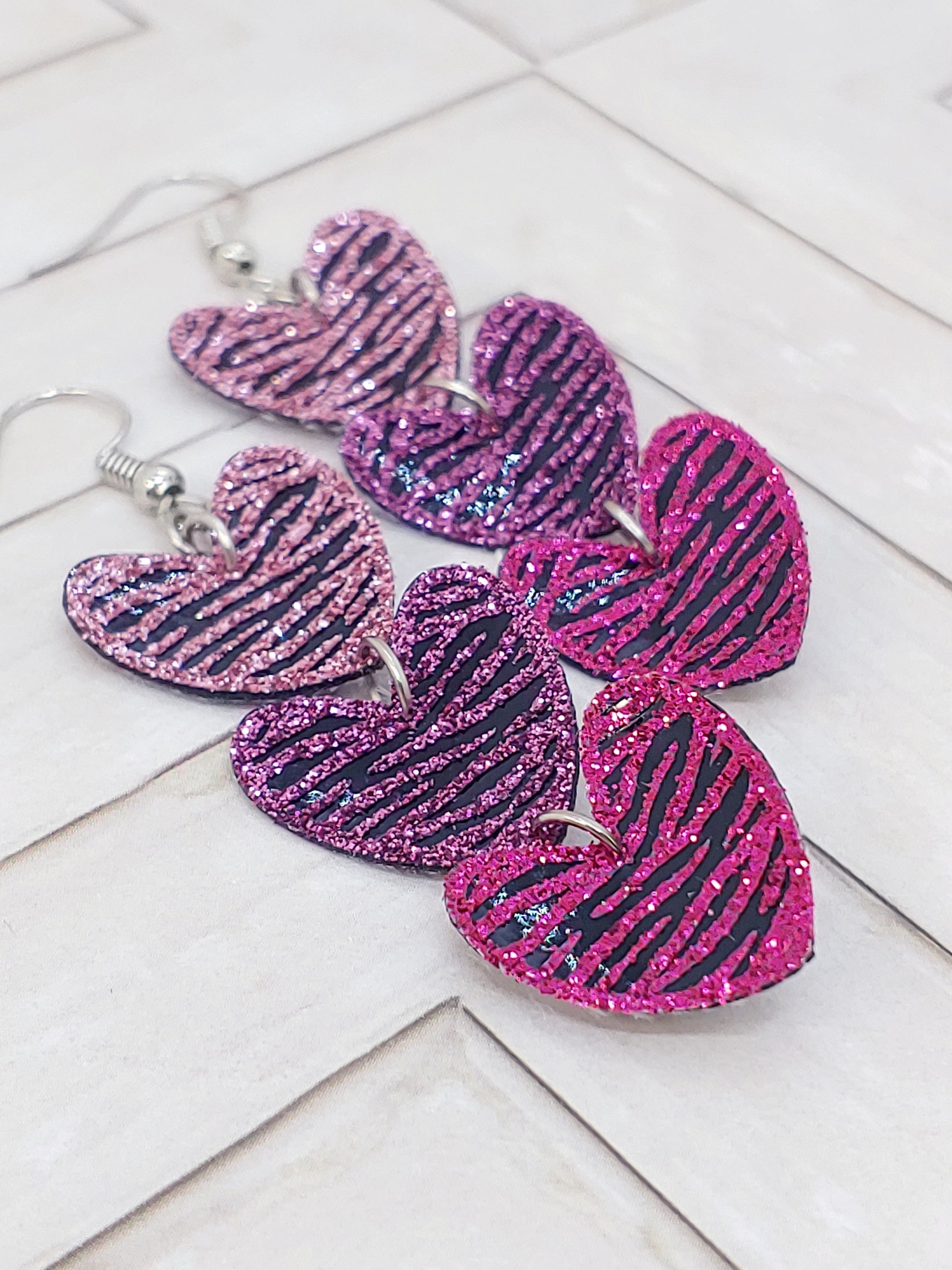 Pink Glitter Hearts Faux Leather Earrings Triple Hearts | Etsy