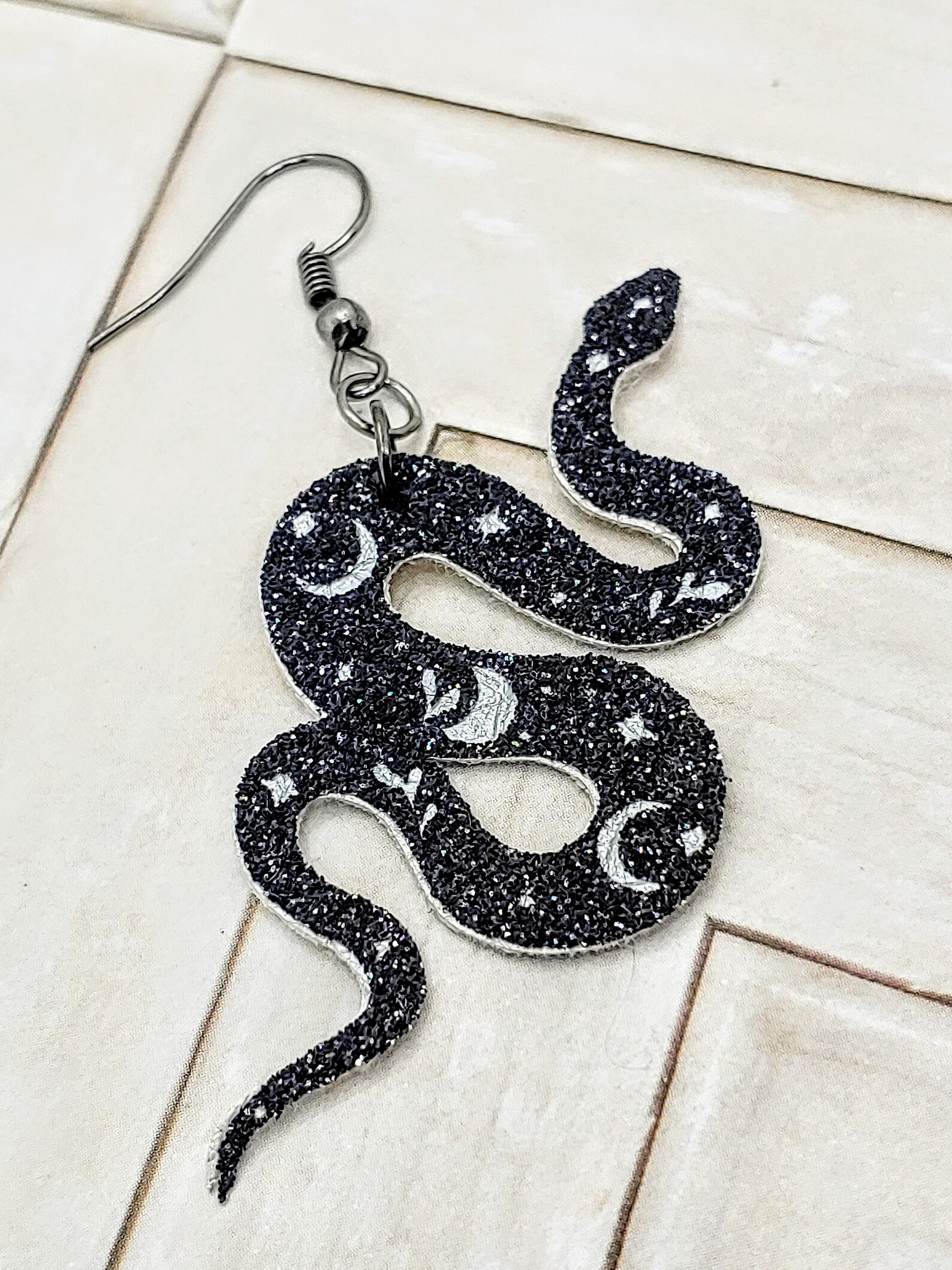 Faux Leather Celestial Snake Earrings Black Sparkly Snake - Etsy