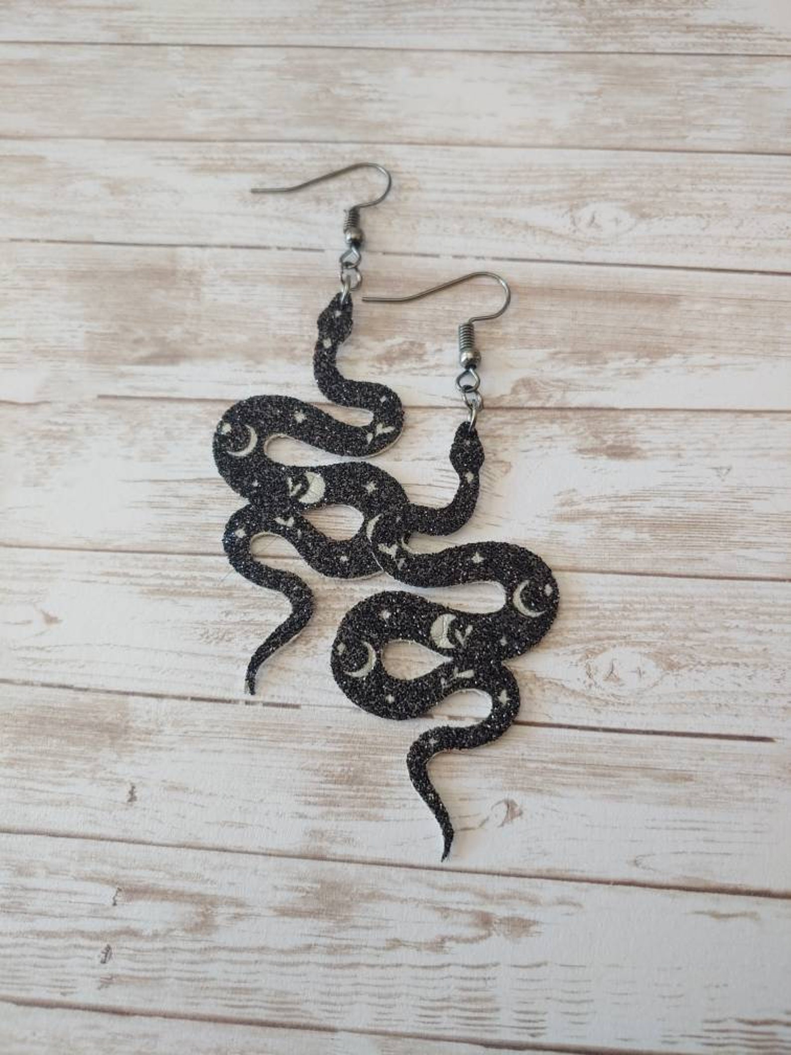 Faux Leather Celestial Snake Earrings, Black Sparkly Snake, Moon and ...