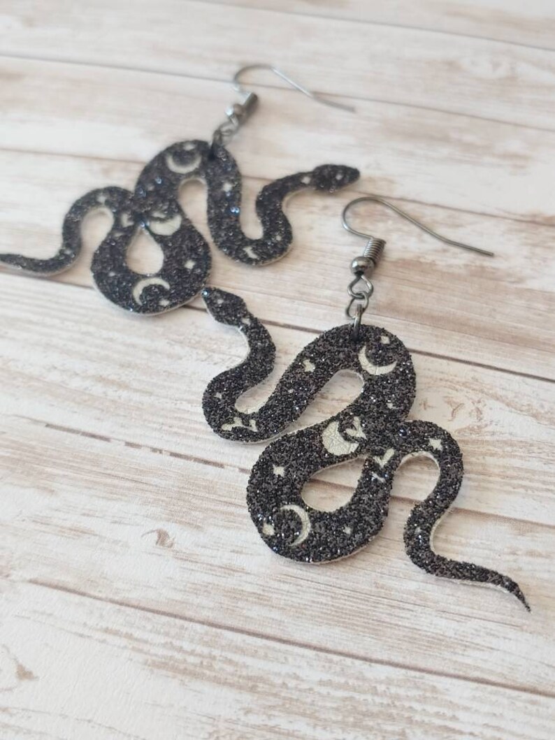 Faux Leather Celestial Snake Earrings, Black Sparkly Snake, Moon and ...