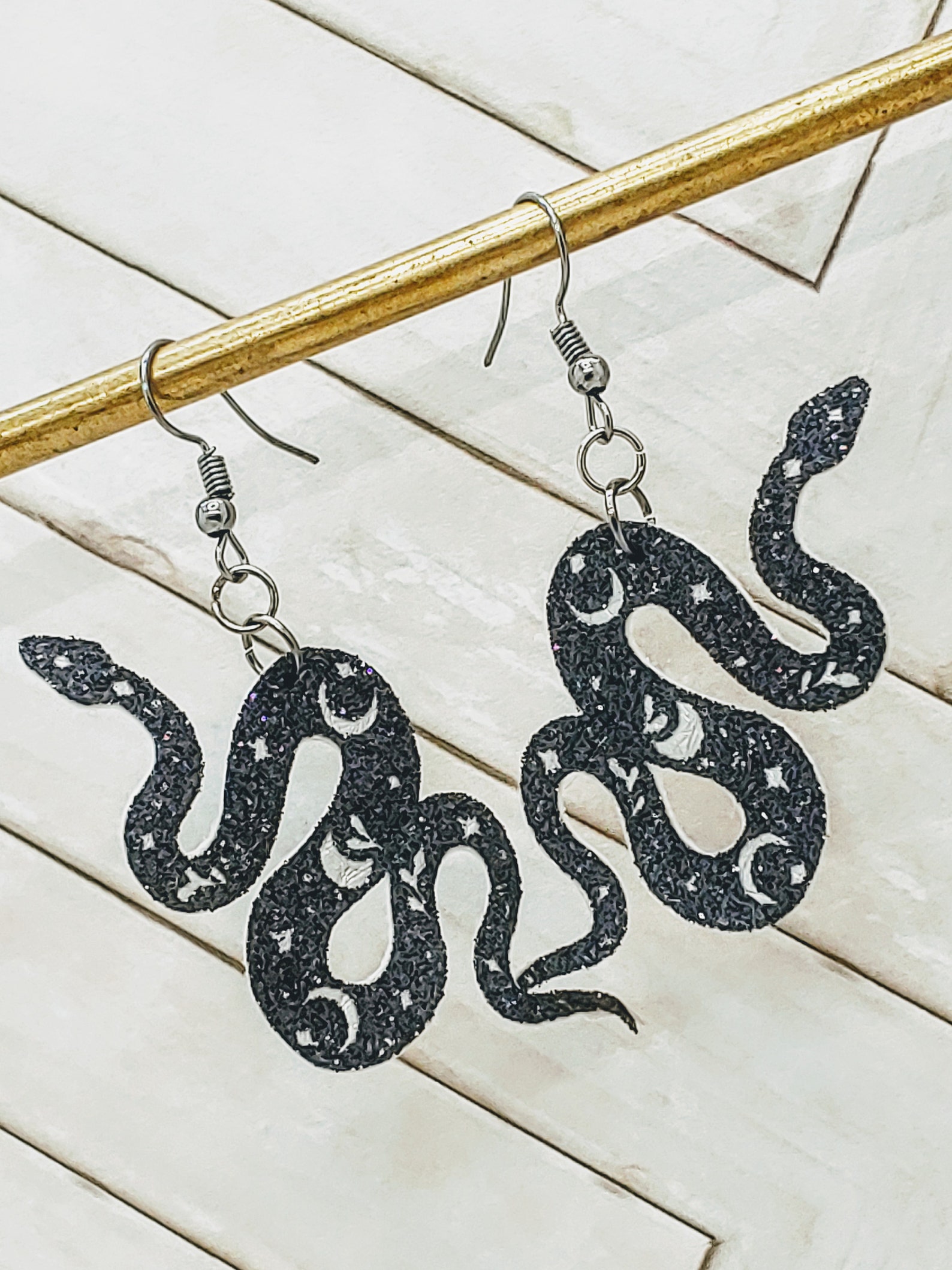 Faux Leather Celestial Snake Earrings Black Sparkly Snake - Etsy