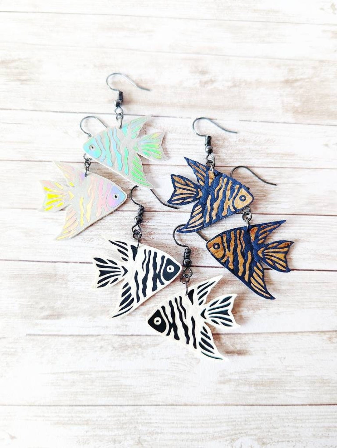 Faux Leather Angelfish Earrings, Shiny Striped Fish, Tropical Fish ...