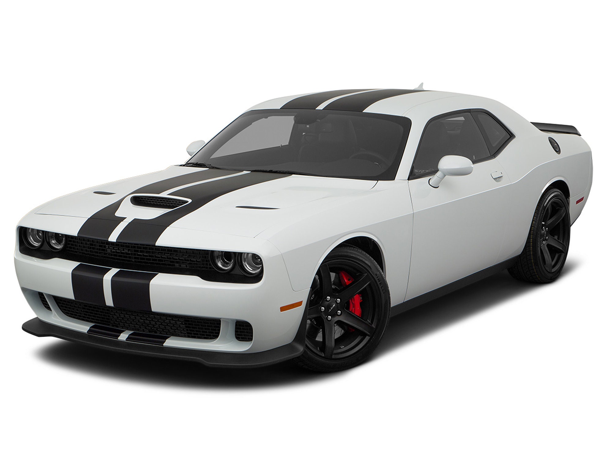 White Dodge Challenger With Black Stripes