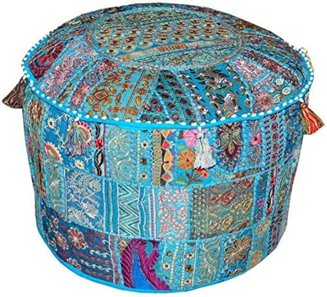 Blue Bohemian Pouf Ottoman: Embroidered Indian Floor Pillow Cover ...