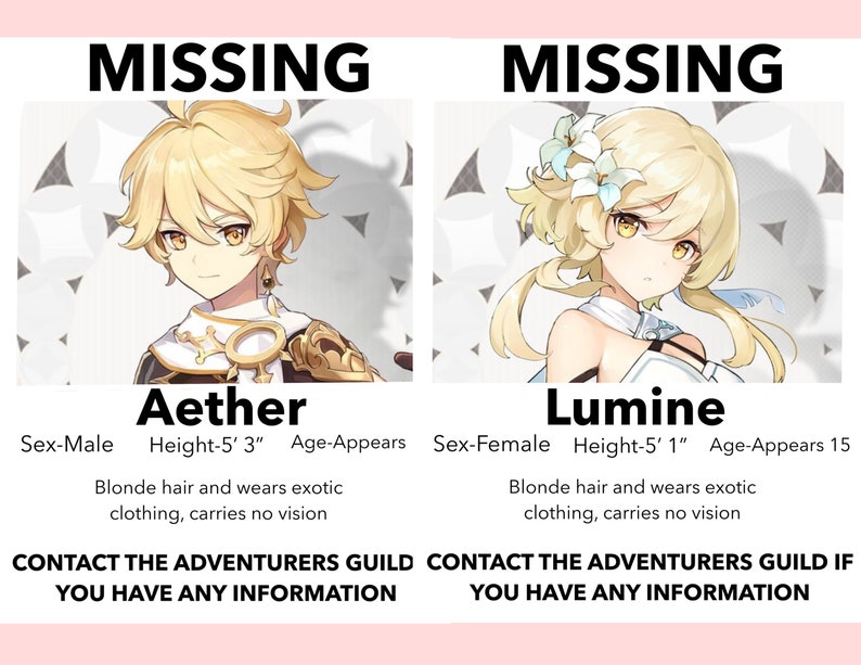 Genshin Impact Traveler Missing Poster Lumine / Aether / | Etsy