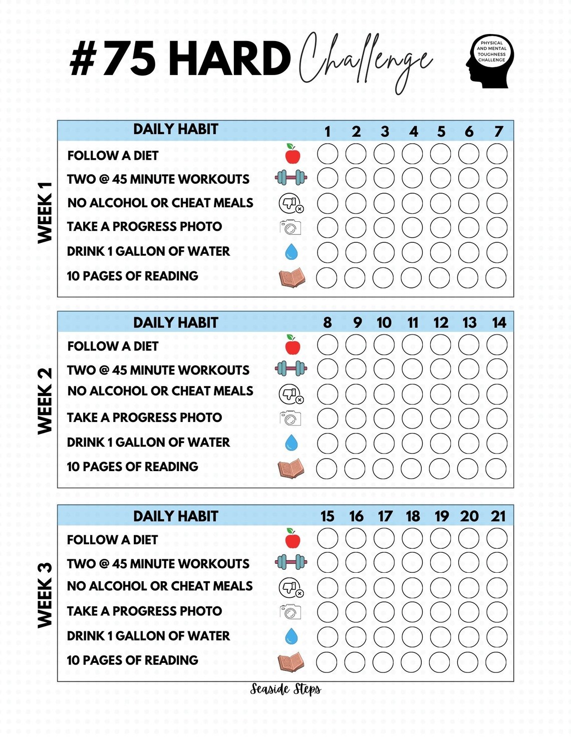 75 Hard Challenge Habit Tracker 75 Hard Challenge Tracker Etsy