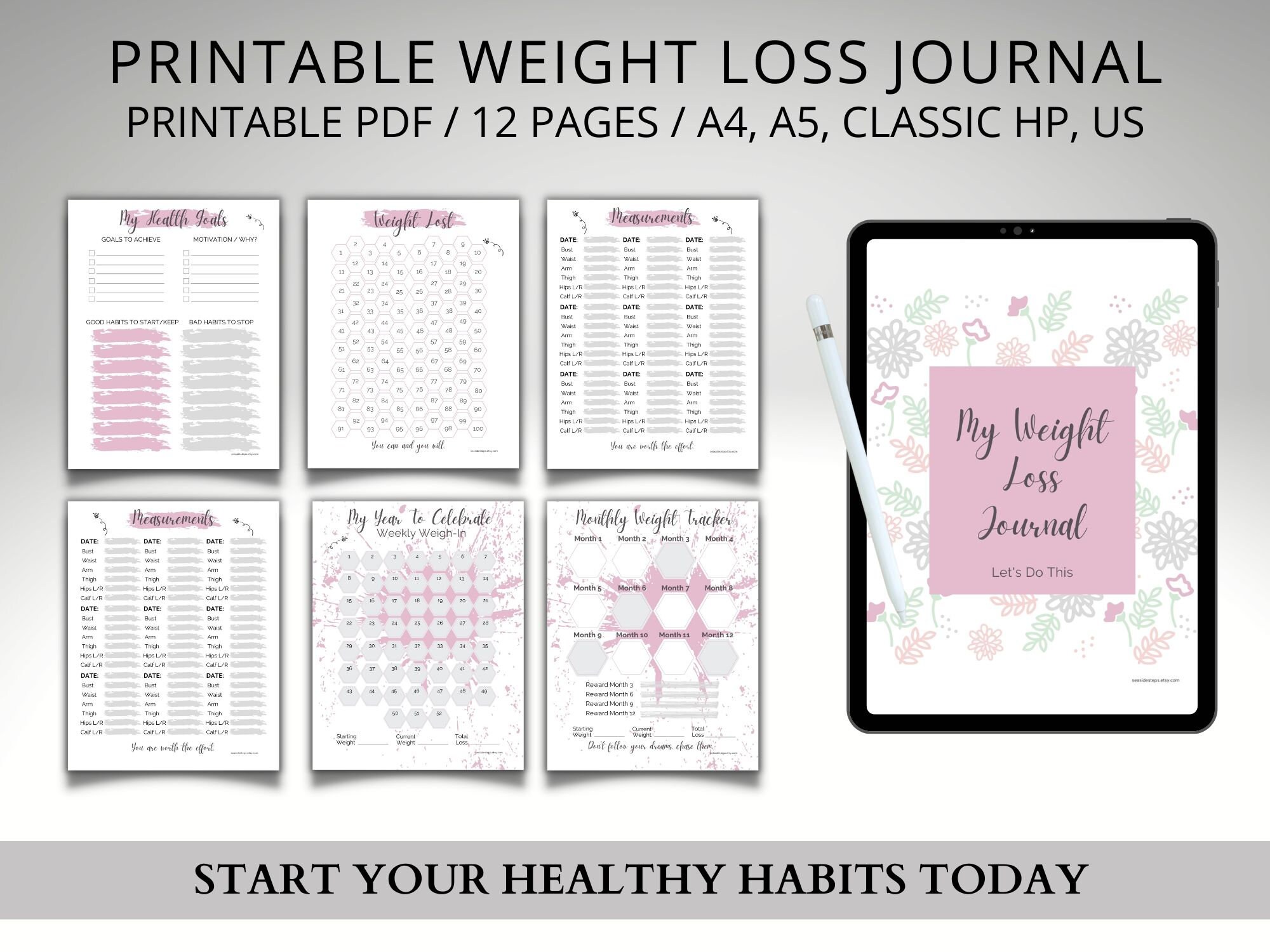 PRINTABLE Weight Loss Journal floral Weekly Weigh In Goal - Etsy