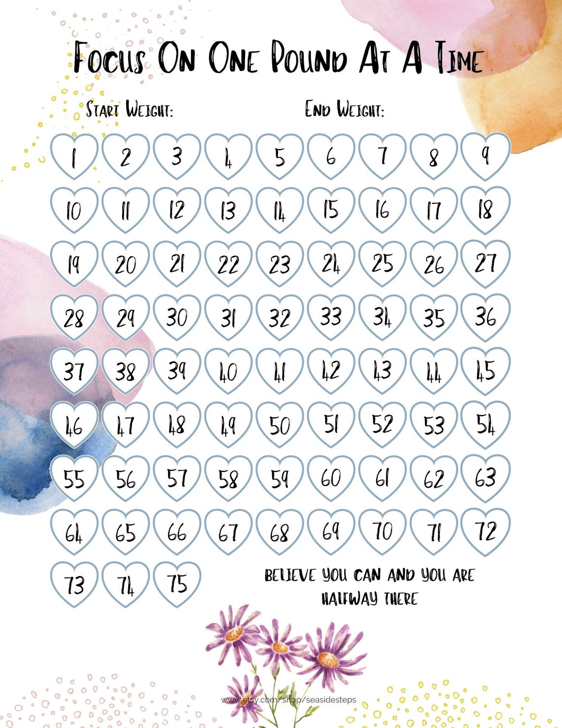 Weight Loss Tracker Printable 75 lbs Digital Weight Loss | Etsy