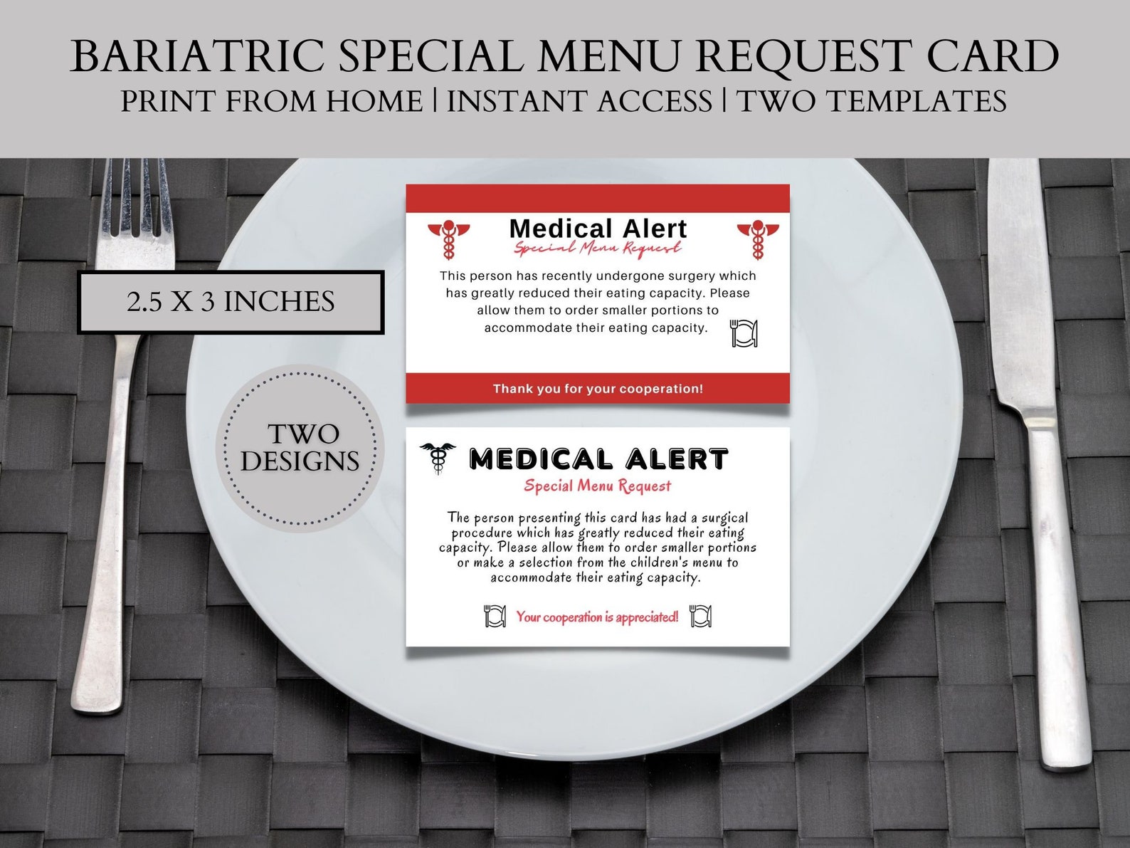 Bariatric Surgery Medical Alert Card: Special Menu Request (printable ...