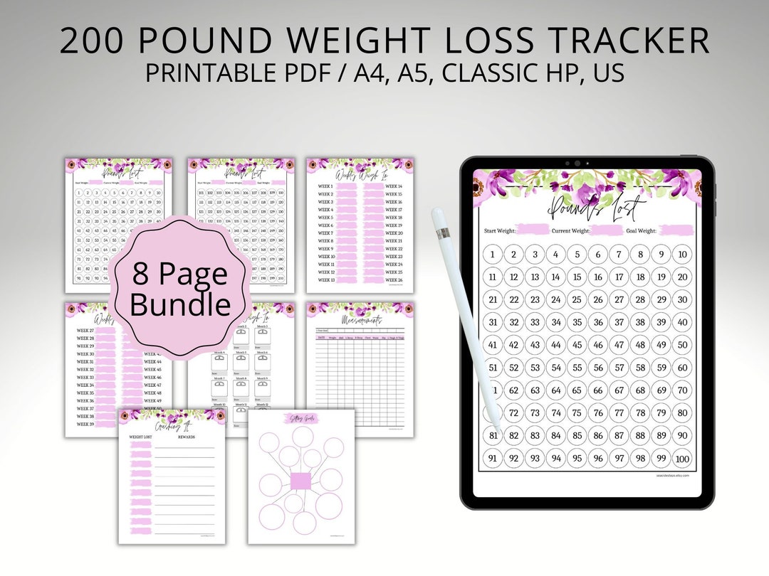200 Lbs Weight Loss Tracker Bundle: Body Measurement Chart (digital ...