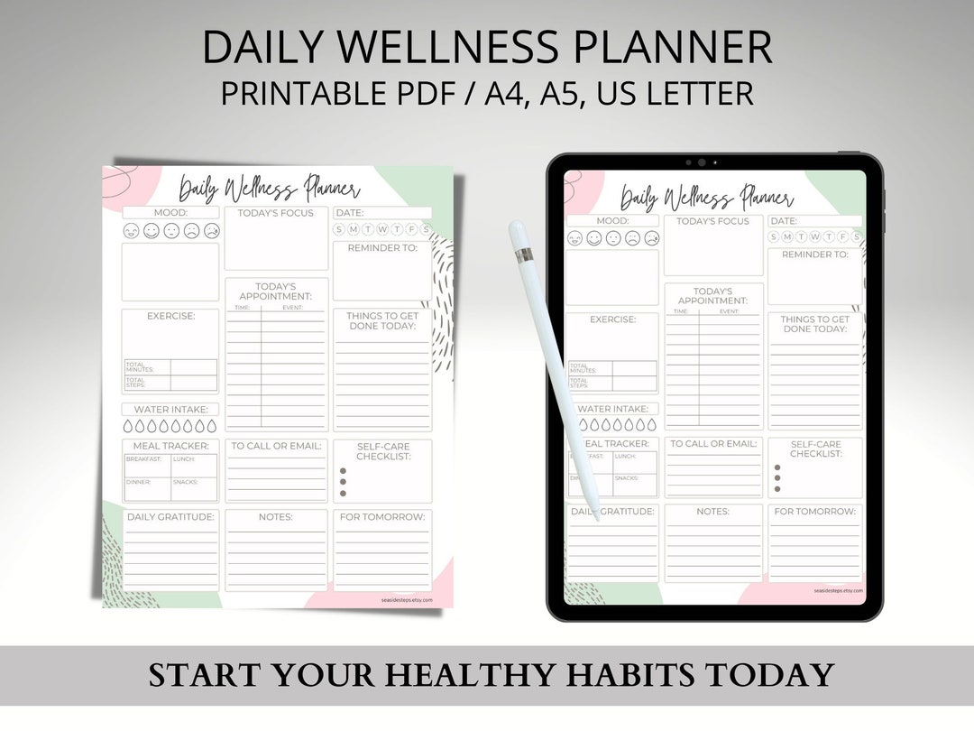Printable Daily Wellness Planner, Selfcare Journal, Mood Tracker, Food ...