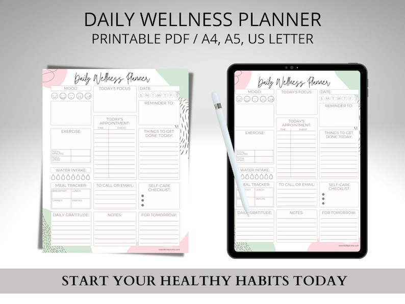 Printable Daily Wellness Planner, Selfcare Journal, Mood Tracker, Food ...