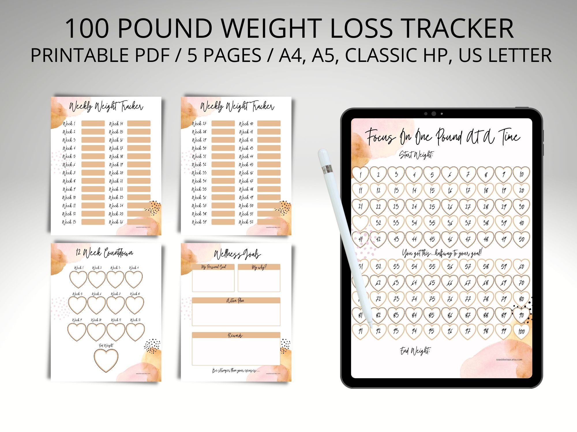 Weight Loss Tracker Printable 100 Lbs, Digital Weight Loss Chart, Goal ...