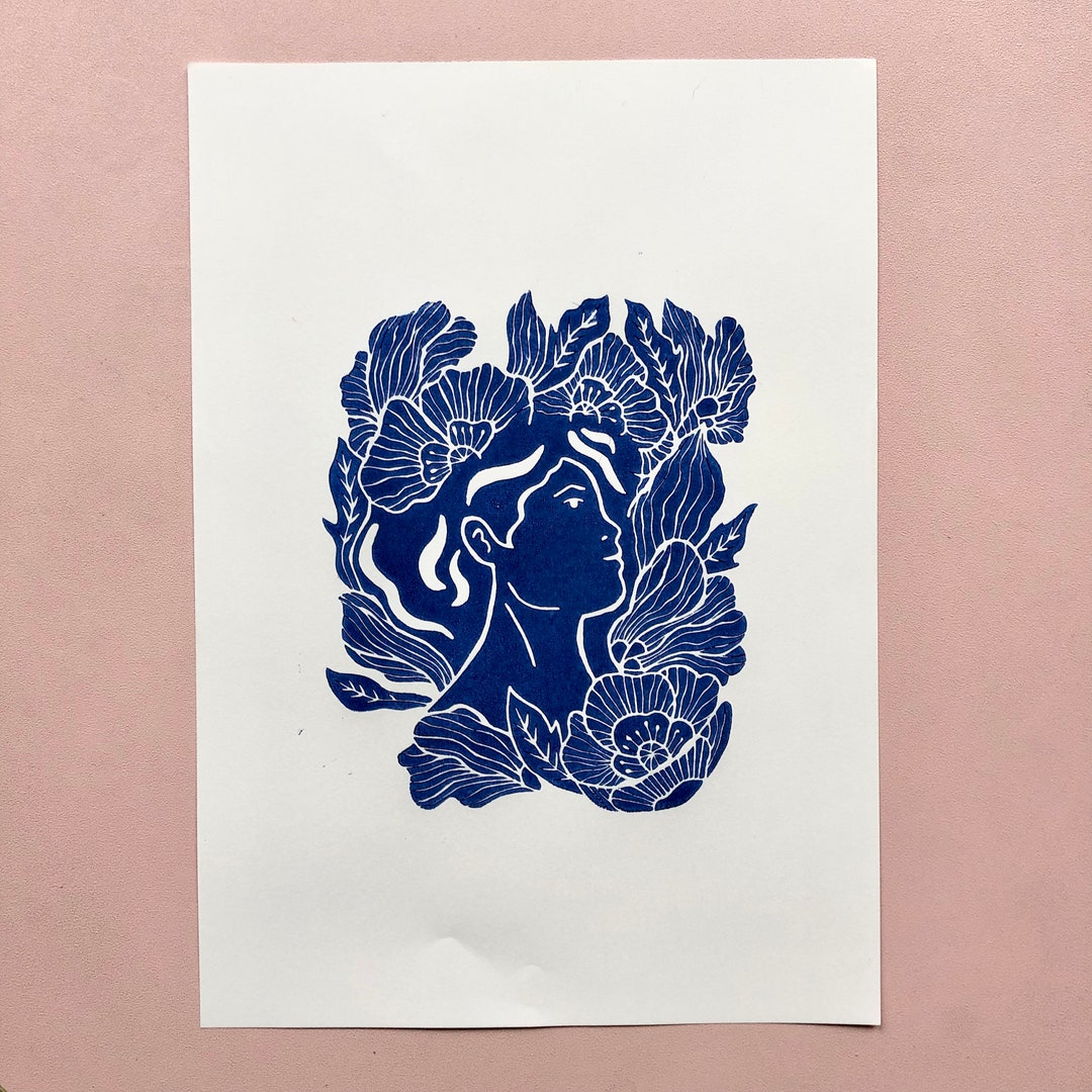 Linocut Woman With Flowers - Etsy