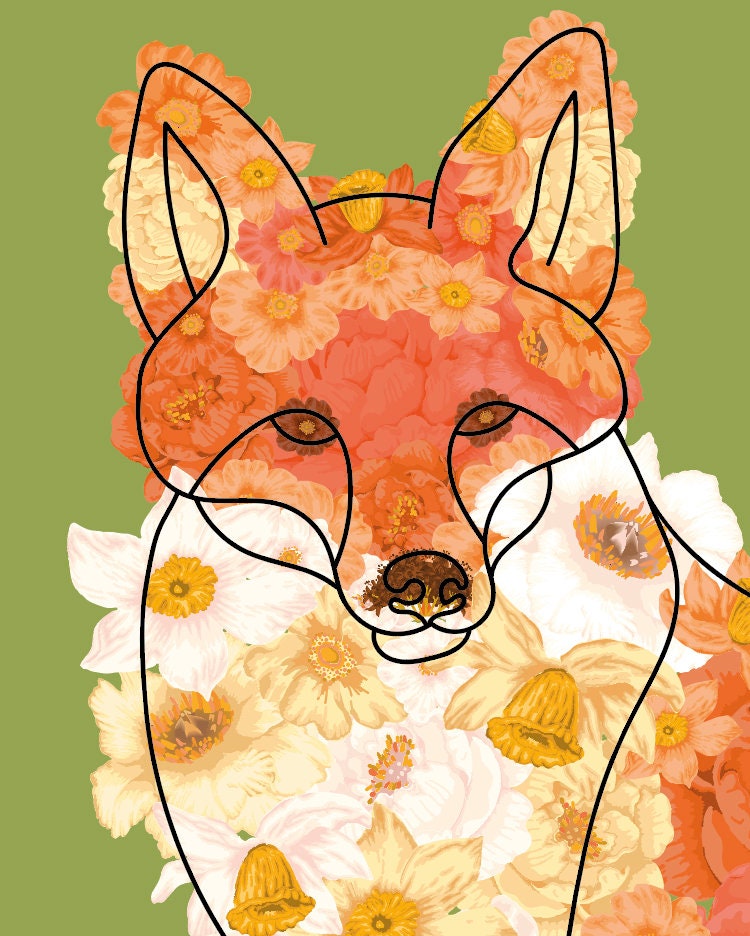 Fuchs Druck Floral Blumen Kunstwerk Tier Wildlife - Etsy.de