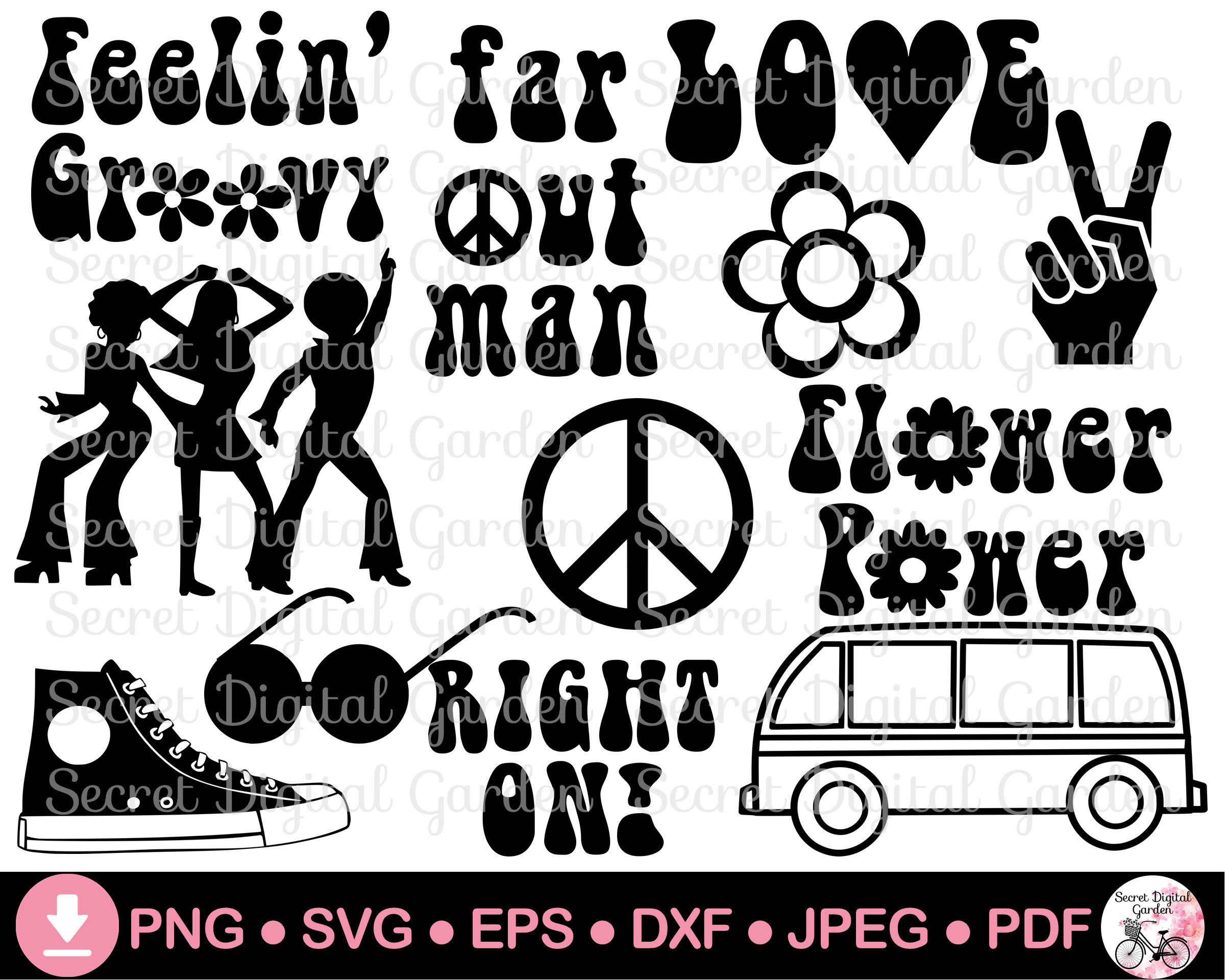 Clip Art Digital Downloads PNG Feelin Groovy SVG Bundle Hippie SVG Files for Cricut Projects Art ...