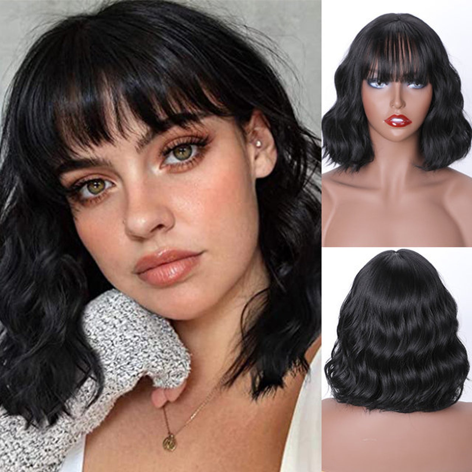 Wig Short Bob Wig With Bangs Wavy Short Wig Short Cut Wig For Etsy