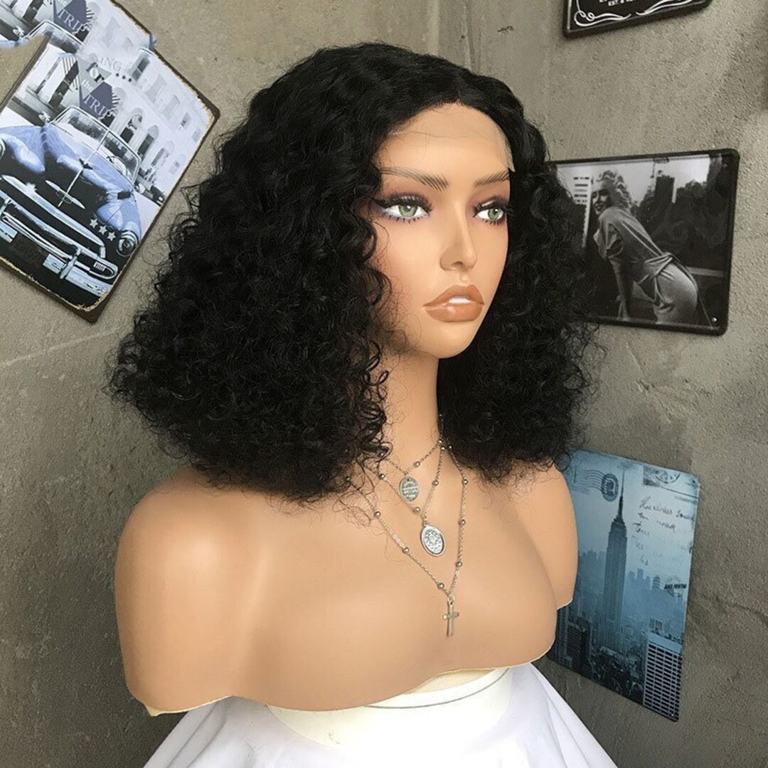 16 WIG Human Hair Blend Wig Middle Part Kinky Curly Bob Wig for Black ...