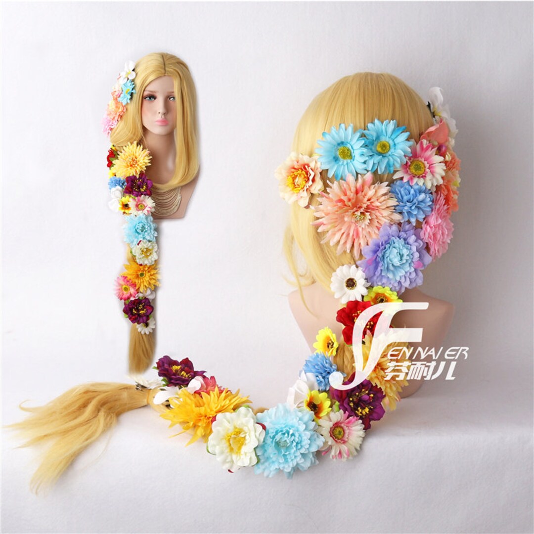 Wig Rapunzel Cosplay Wig With Flowers Long Blonde Braided Tangled Wig ...