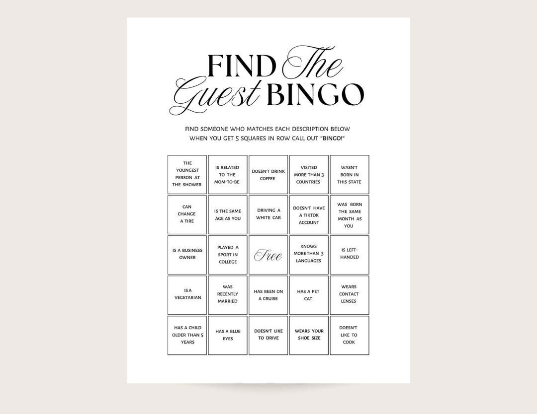 Baby Shower Game Find the Guest Bingo, Printable Minimalist Ice Breaker ...