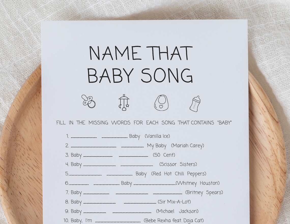 Name That Baby Song, Baby Shower Game, Simple Black White Baby Shower ...