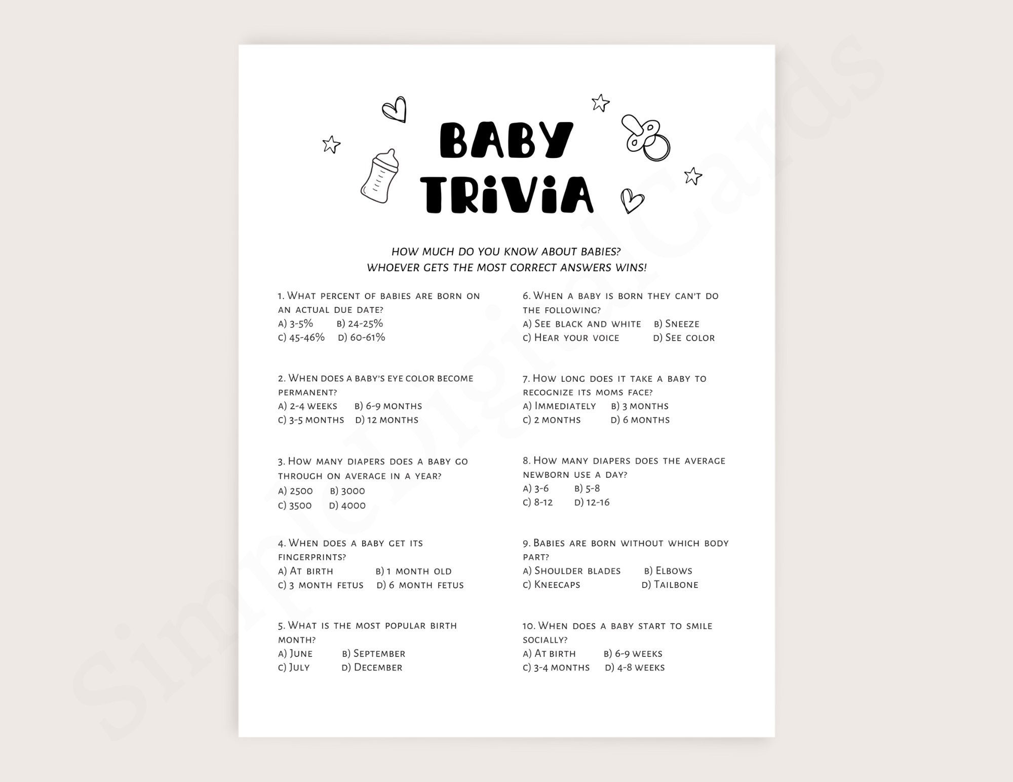 Baby Trivia Baby Shower Game Minimalist, Baby Shower Quiz, Boy, Girl ...
