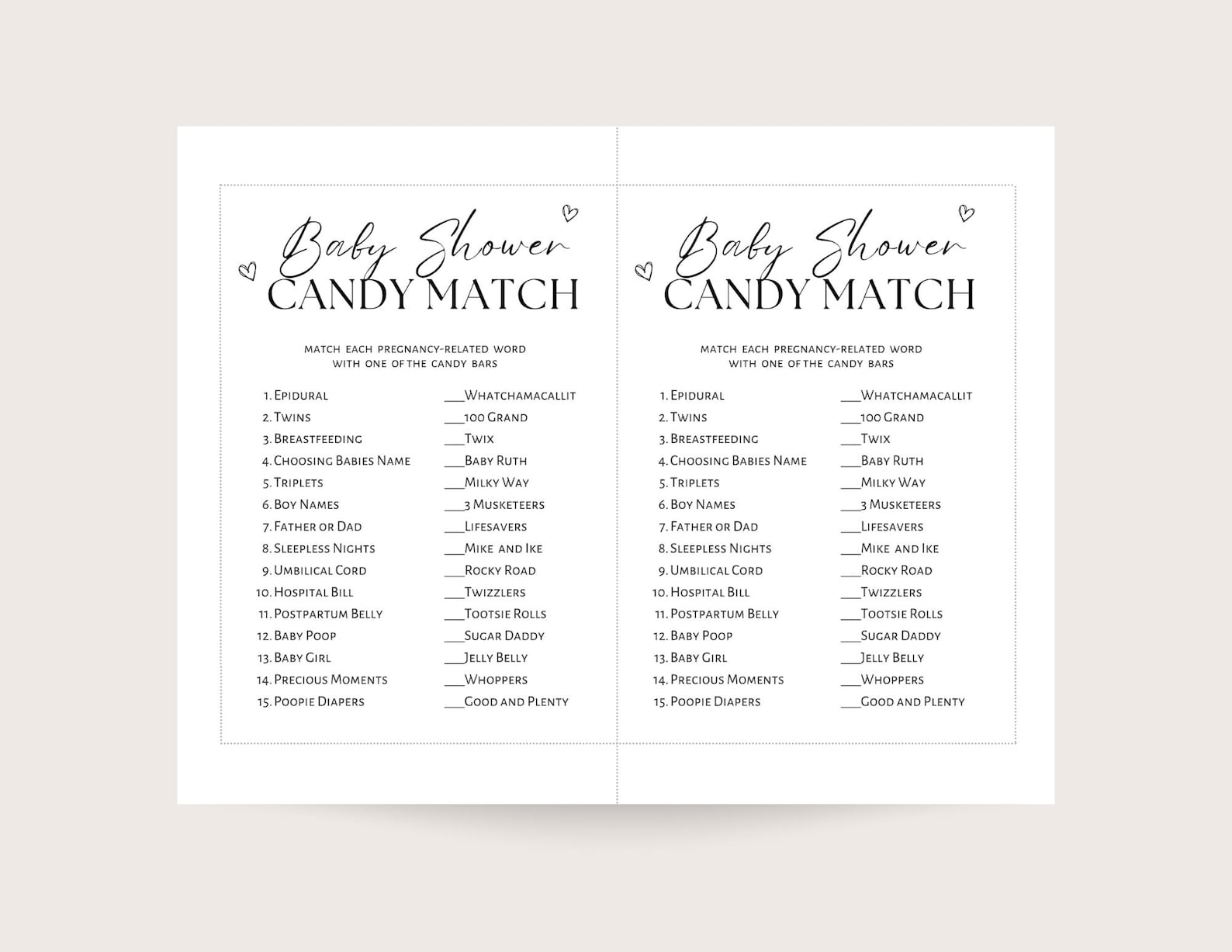 Baby Shower Game - Candy Match - Printable. Digital Download - Etsy