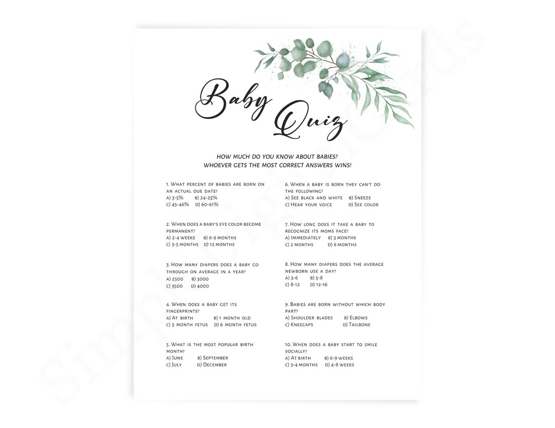 Baby Quiz Baby Shower Game Greenery, Baby Trivia Boy, Girl, Gender ...