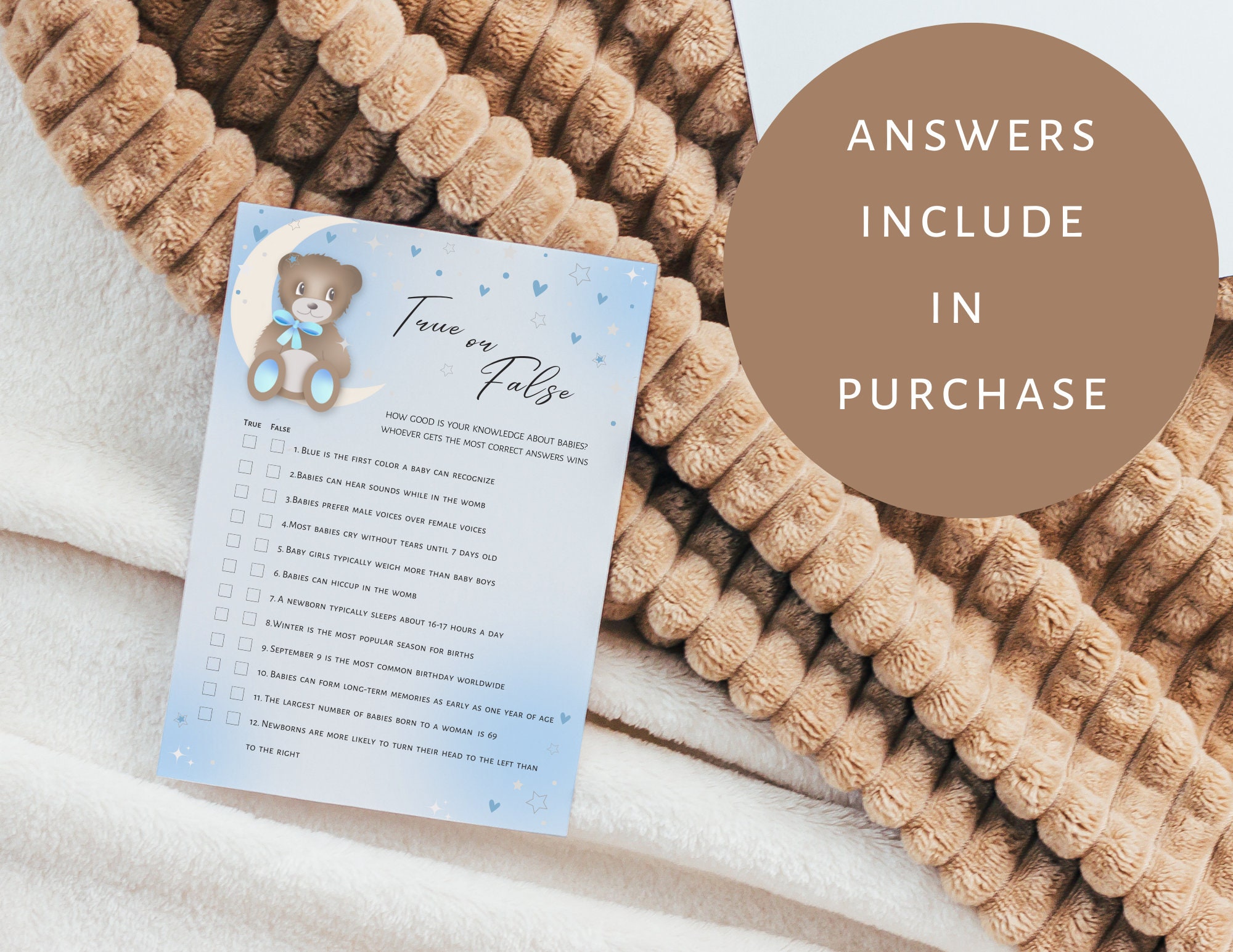 True or False Baby Shower Game Bear, Baby Shower Game Blue, Moon and ...