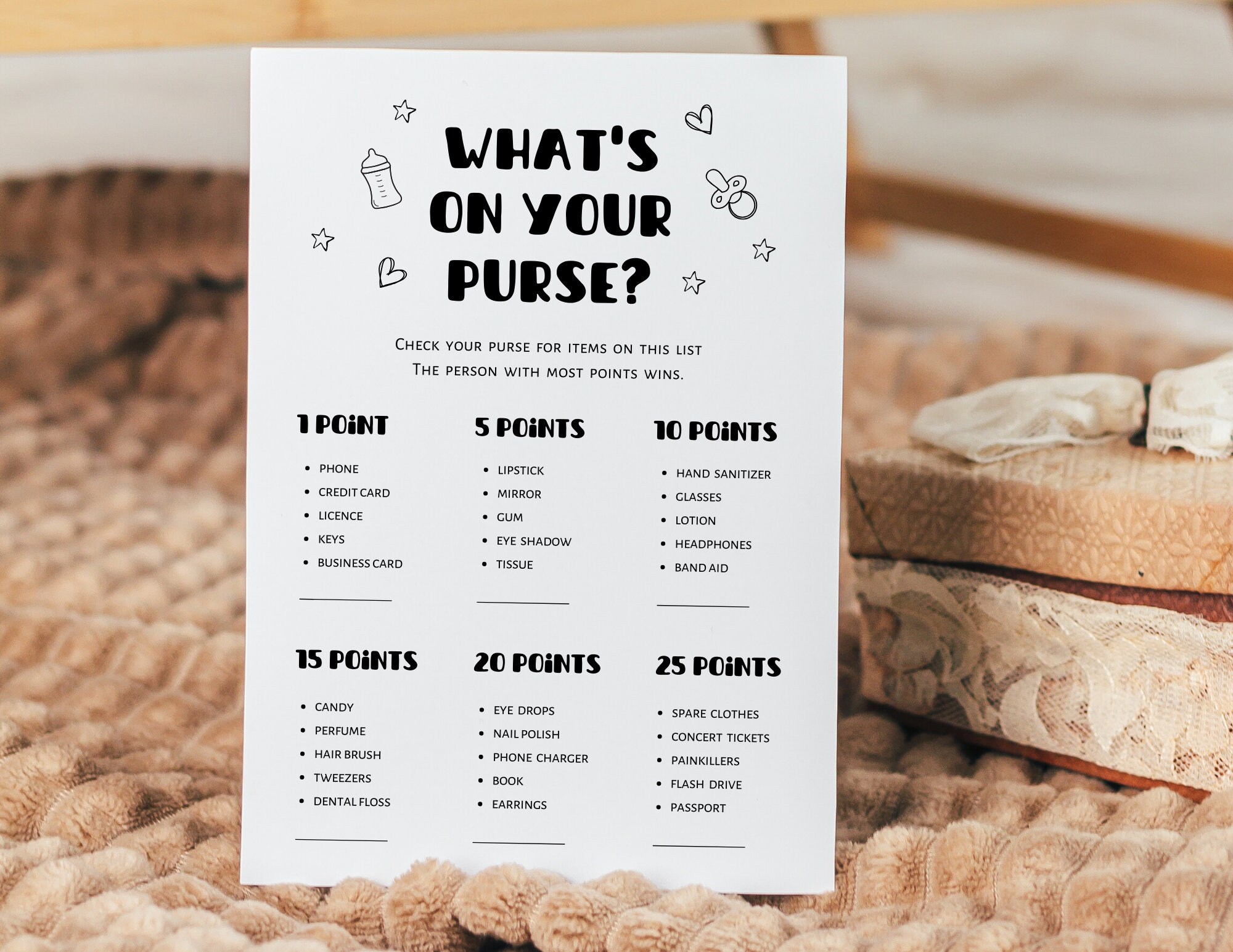 Baby Shower Game What's on Your Purse, Minimalist Printable Game ...