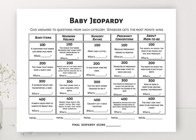 Baby Jeopardy Game: Printable Baby Shower Quiz (digital Download) - Etsy