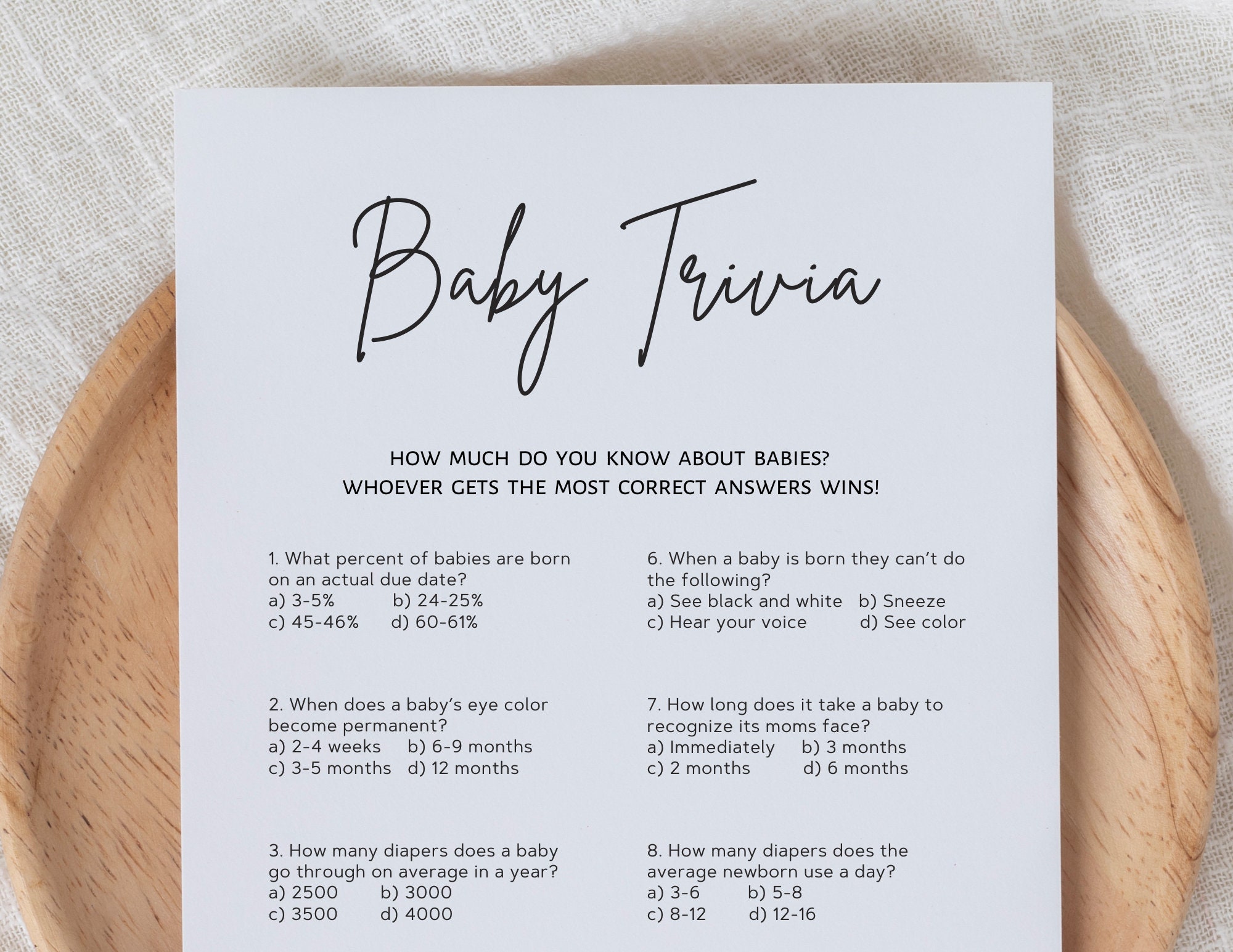Baby Trivia, Baby Shower Games, Baby Trivia Quiz, Printable Minimalist ...