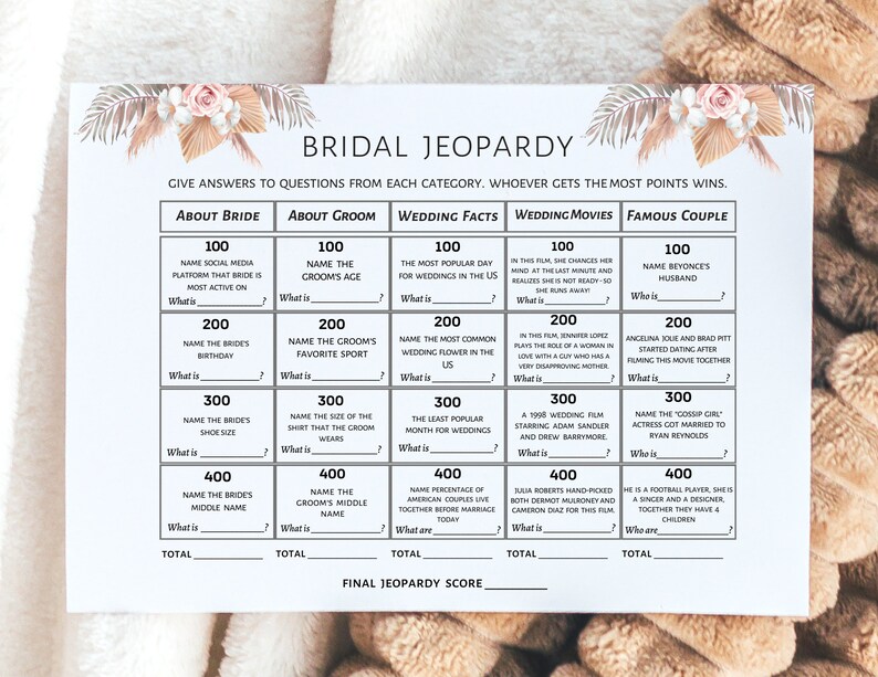 Bridal Jeopardy Game: Boho Floral Bridal Shower Quiz (PDF) - Etsy